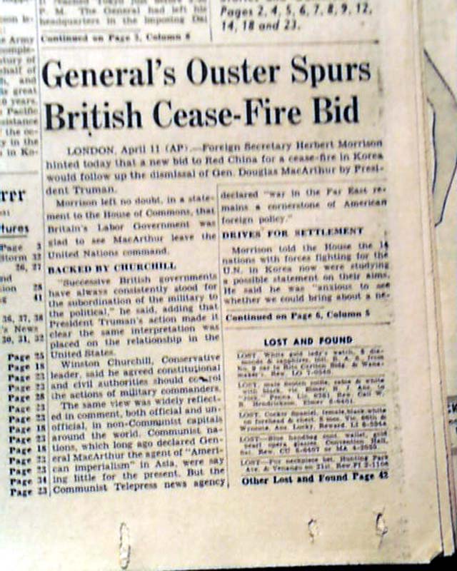 Douglas MacArthur Fired 1951... - RareNewspapers.com
