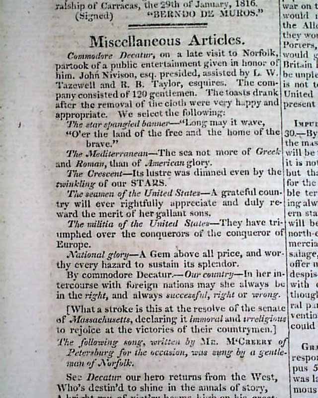 Famous toast offered by Stephen Decatur... - RareNewspapers.com