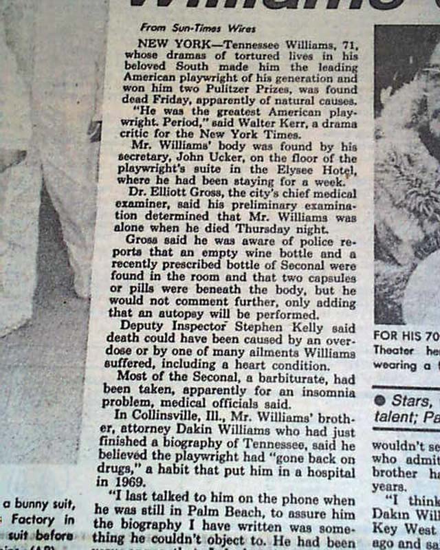 1973 playwright Tennessee Williams death..., - RareNewspapers.com