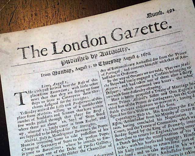 Genuine London Gazette newspaper from 1670... - RareNewspapers.com
