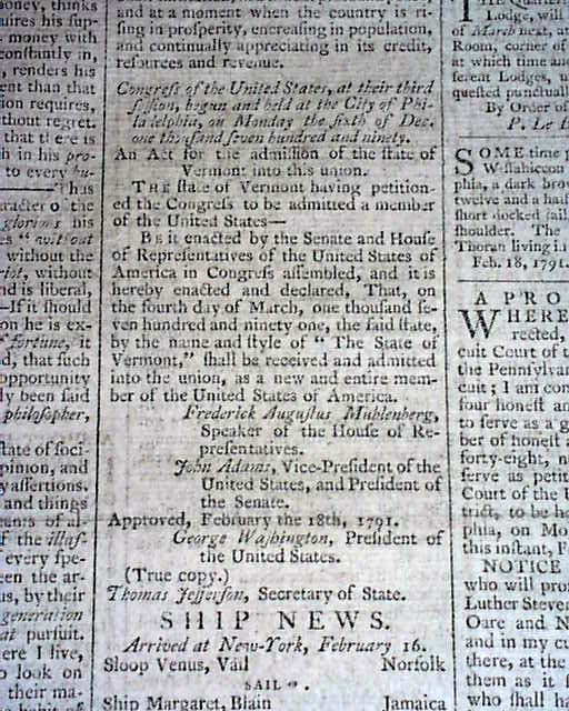 1791 Vermont Becomes A State... - RareNewspapers.com