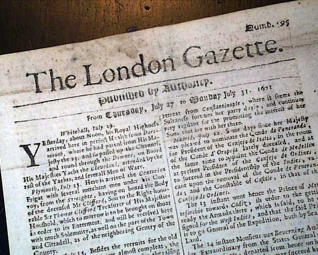 Genuine London Gazette newspaper from 1671... - RareNewspapers.com