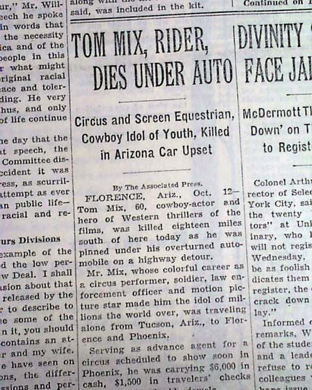 Actor Tom Mix killed in auto accident... - RareNewspapers.com