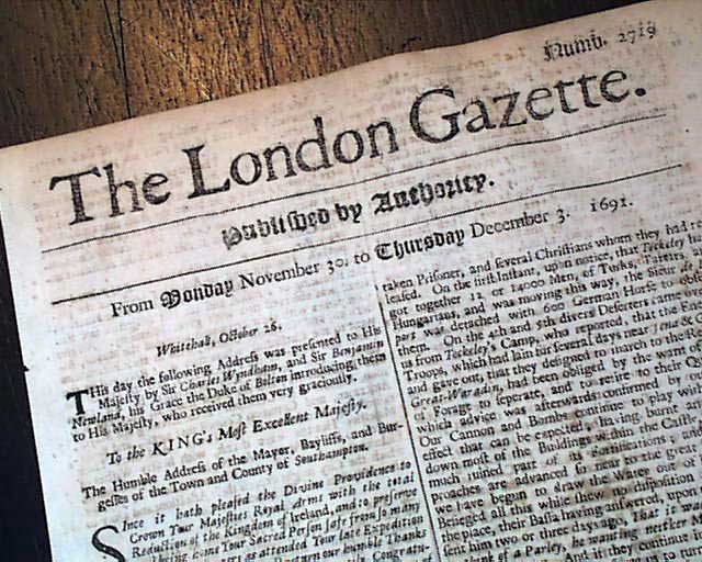 Genuine London Gazette newspaper from 1691... - RareNewspapers.com
