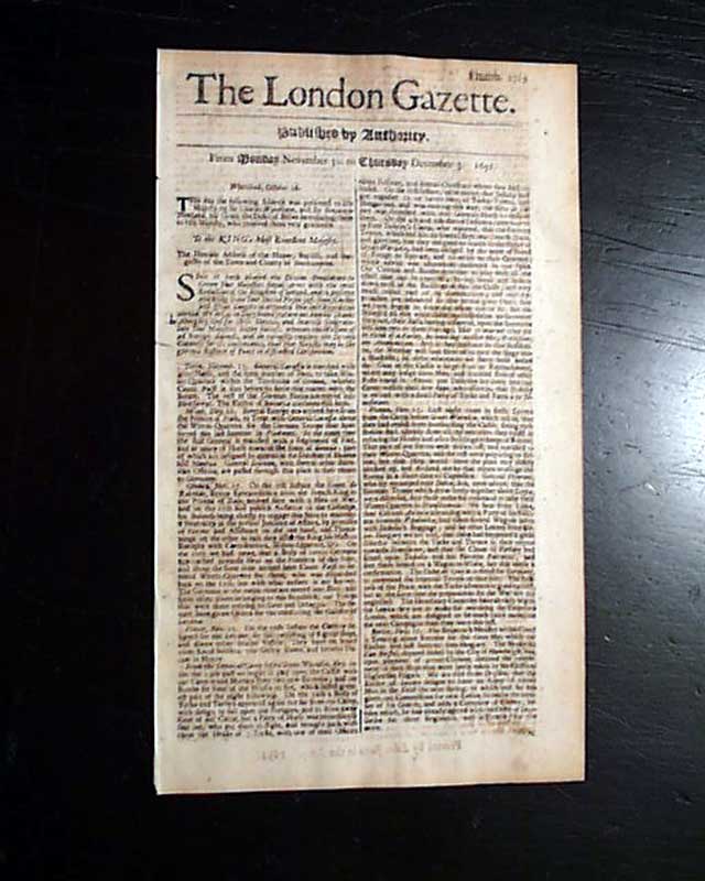 Genuine London Gazette newspaper from 1691... - RareNewspapers.com