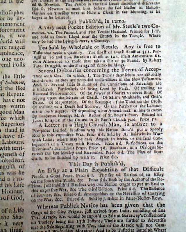 Spectator Newspaper... Famed ADDISON & STEELE ..... - RareNewspapers.com