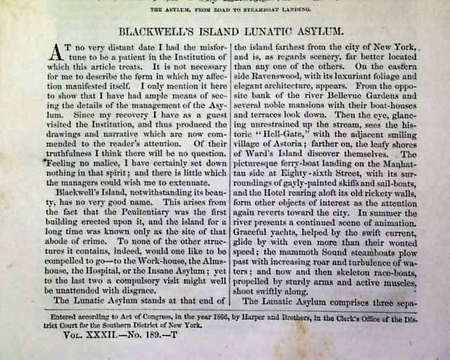 Blackwell's Island, long before Nellie Bly's undercover work ...