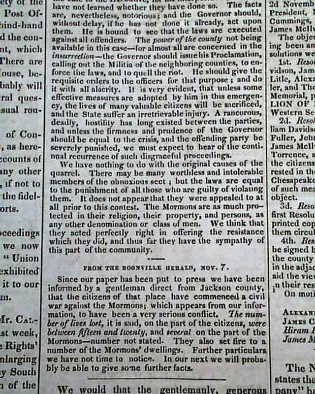 Early report on the persecution of the Mormons... - RareNewspapers.com