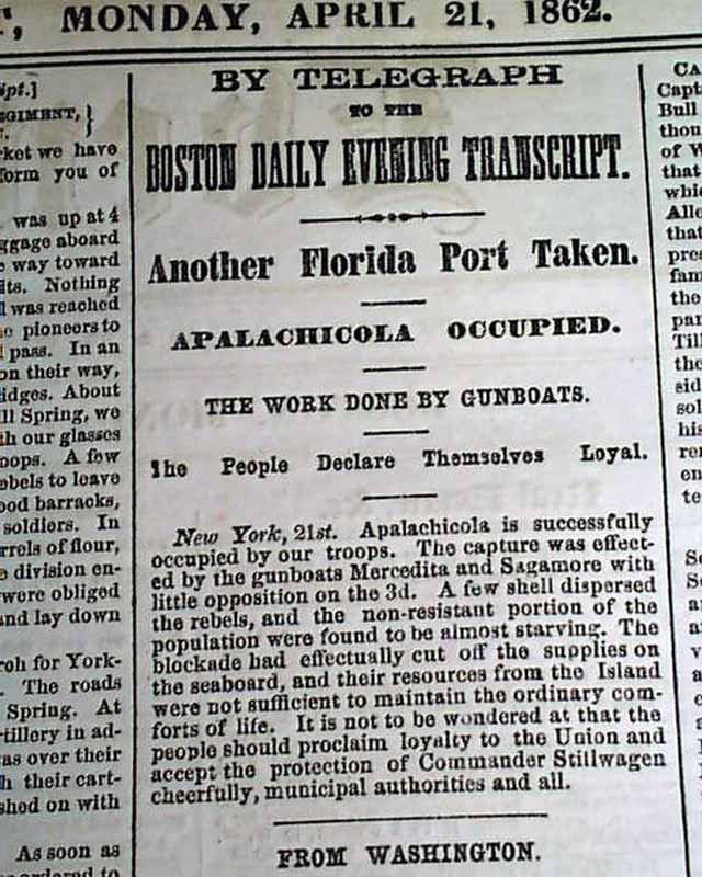 Apalachicola FL 1862 Civil War... - RareNewspapers.com