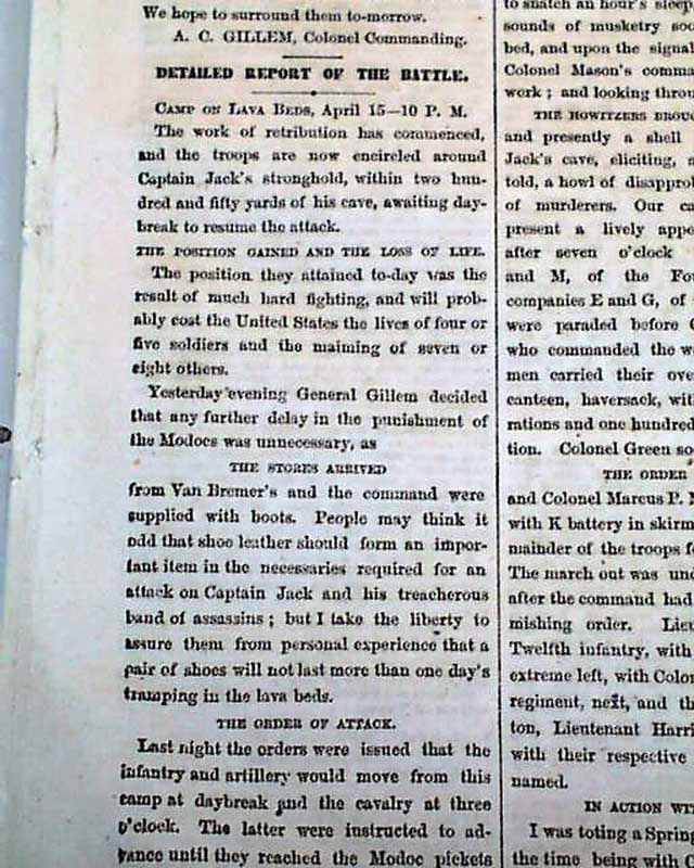 Major battle in the Modoc Indian War w/ map... - RareNewspapers.com