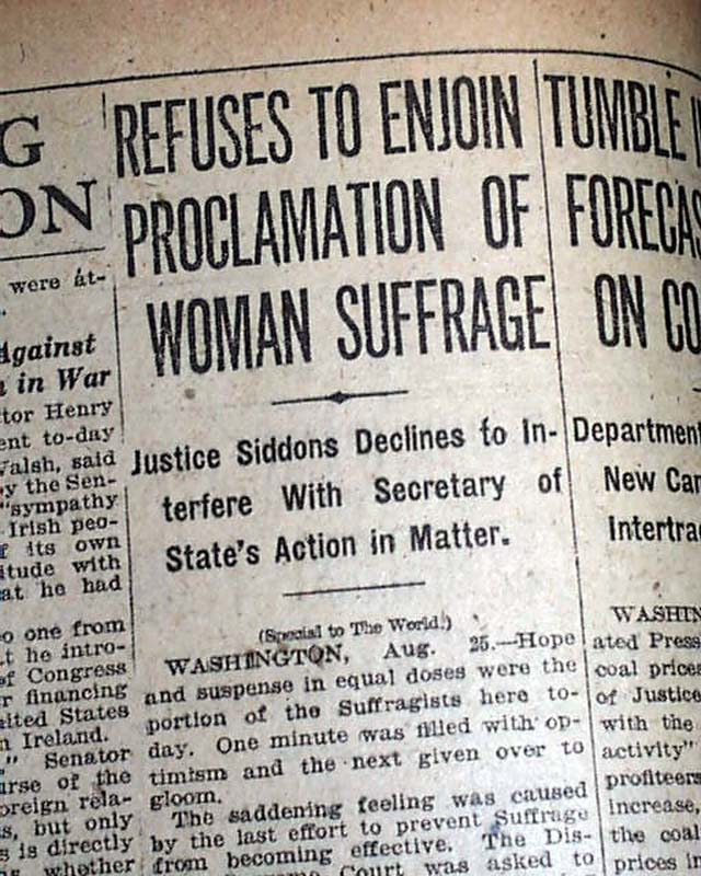 19th Amendment becoming law... Women's Suffrage... - RareNewspapers.com
