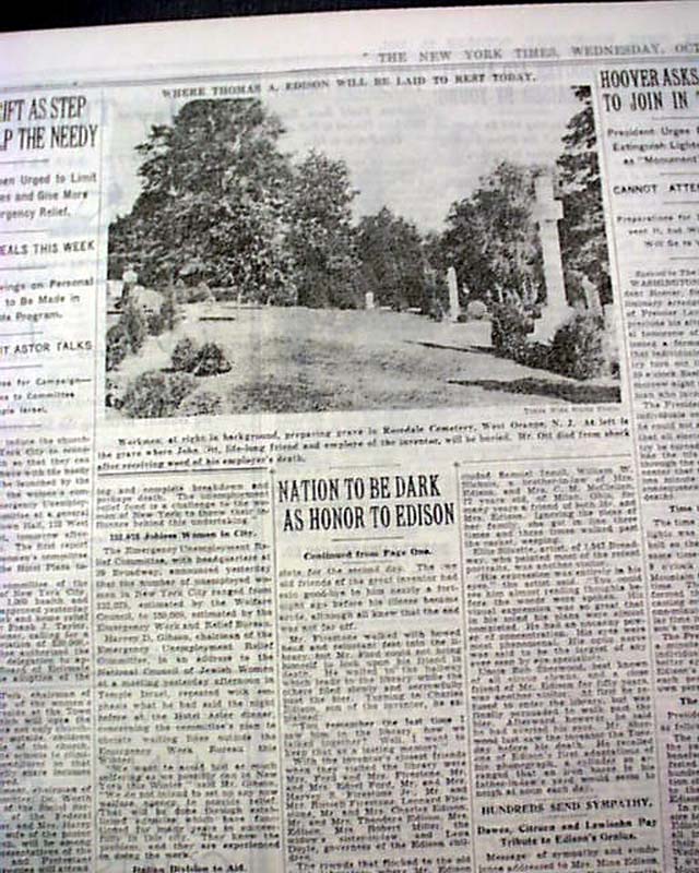 Thomas Edison death... Burial.... - RareNewspapers.com