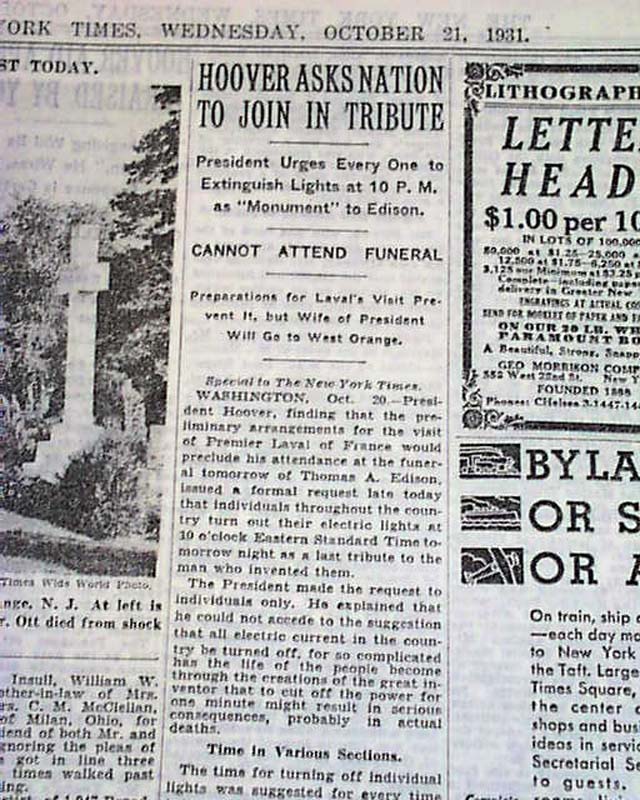Thomas Edison death... Burial.... - RareNewspapers.com