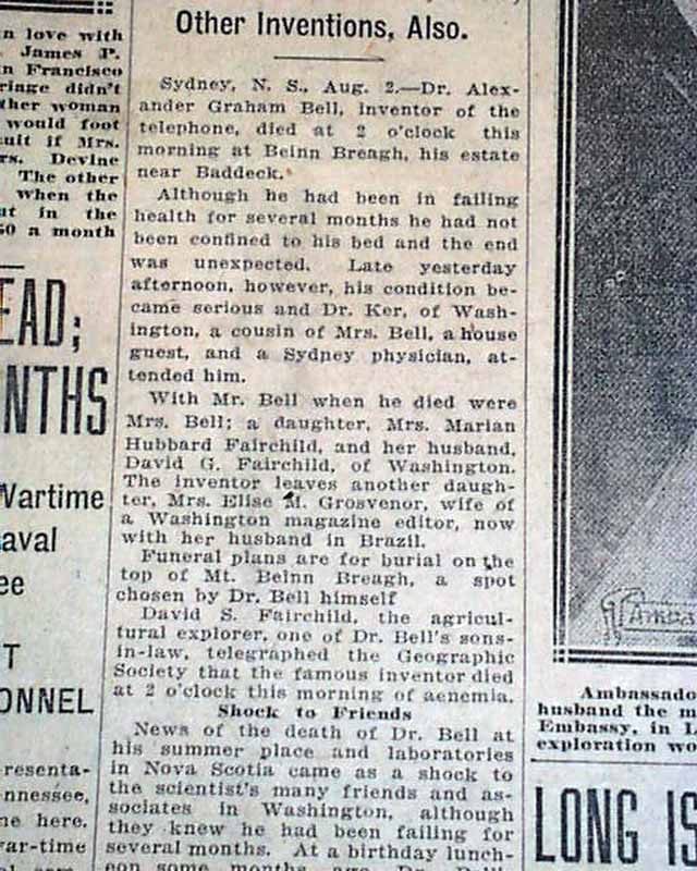 Alexander Graham Bell has died... - RareNewspapers.com