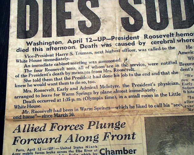 Dramatic headline announcing the death of FDR... - RareNewspapers.com