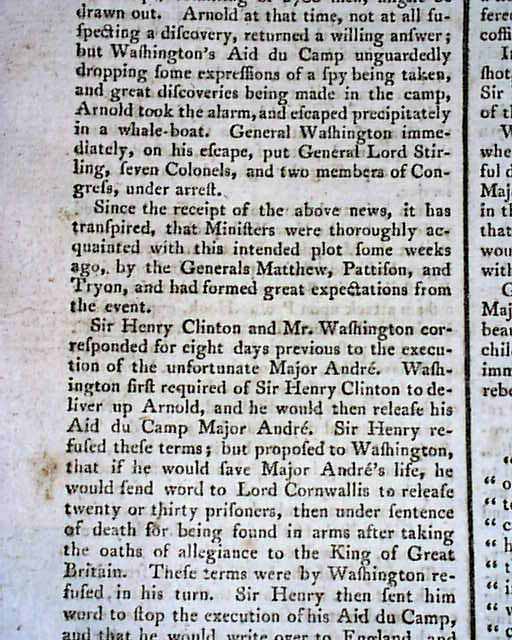 Great front page account of the Benedict Arnold & Major Andre treason ...