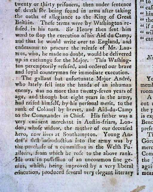 Great front page account of the Benedict Arnold & Major Andre treason ...