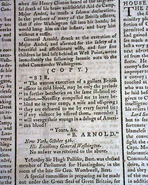 Great front page account of the Benedict Arnold & Major Andre treason ...