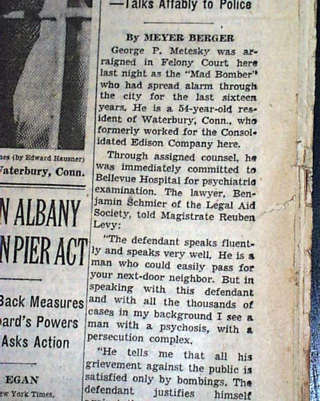 'Mad Bomber' George Metesky arrested... - RareNewspapers.com