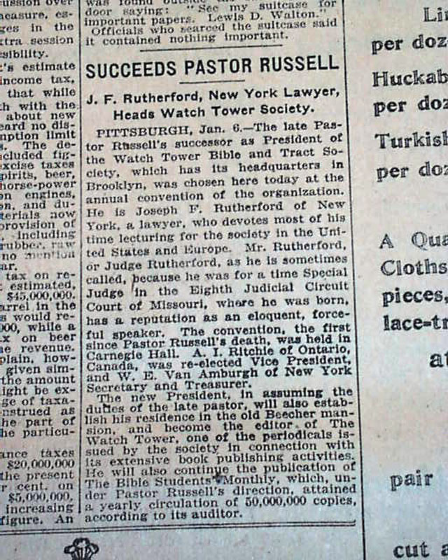 Jehovah's Witnesses pioneer Joseph Franklin Rutherford elected ...