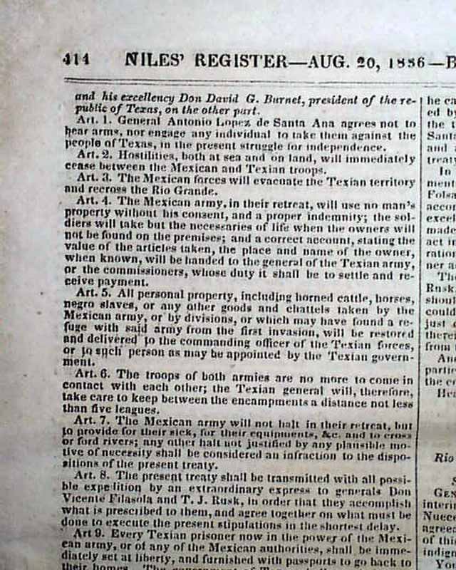 Treaty of Velasco which ended the Texas War with Mexico ...