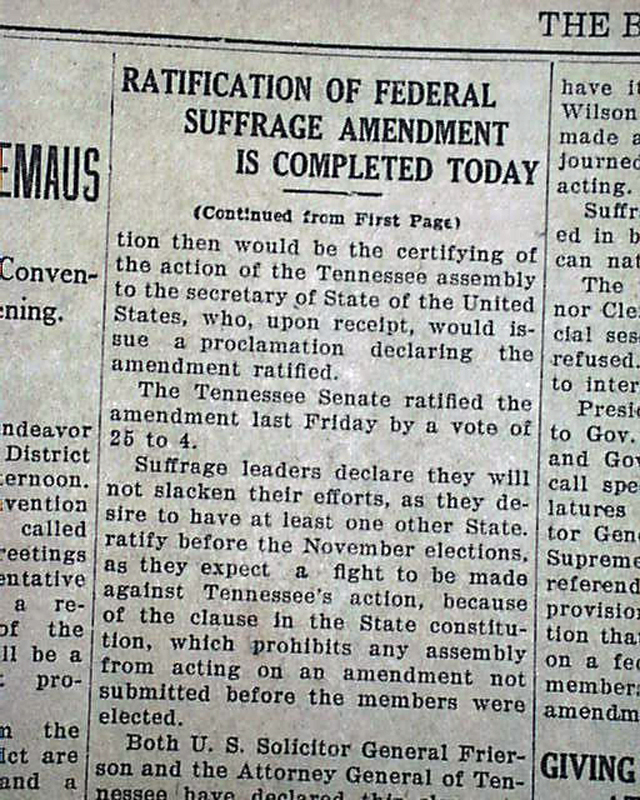 Suffrage Wins In Tennessee 19th Amendment Is Ratified