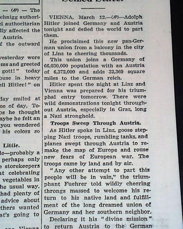 Anschluss... Austria annexation... Adolph Hitler... - RareNewspapers.com