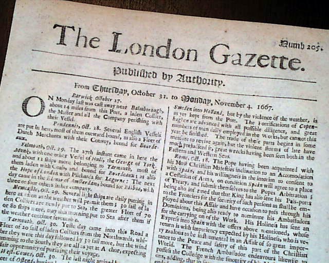 Genuine London Gazette newspaper from 1667... - RareNewspapers.com