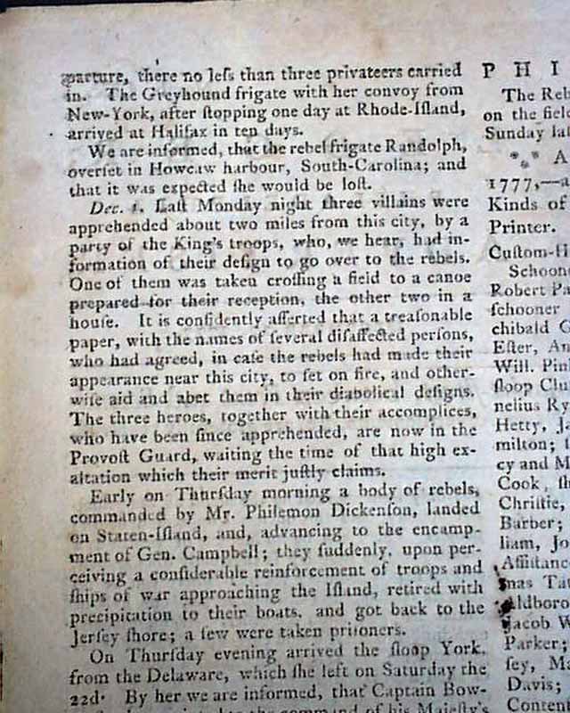 A Tory newspaper printed in British-occupied Philadelphia ...