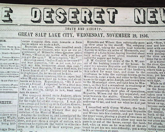 1856 Old West Newspaper From SALT LAKE CITY UT... - RareNewspapers.com