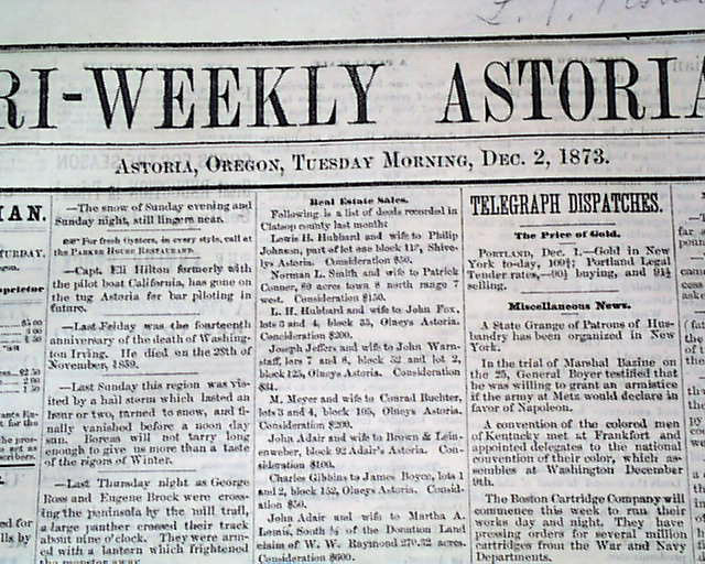 1873 Old West Newspaper From ASTORIA OR... - RareNewspapers.com