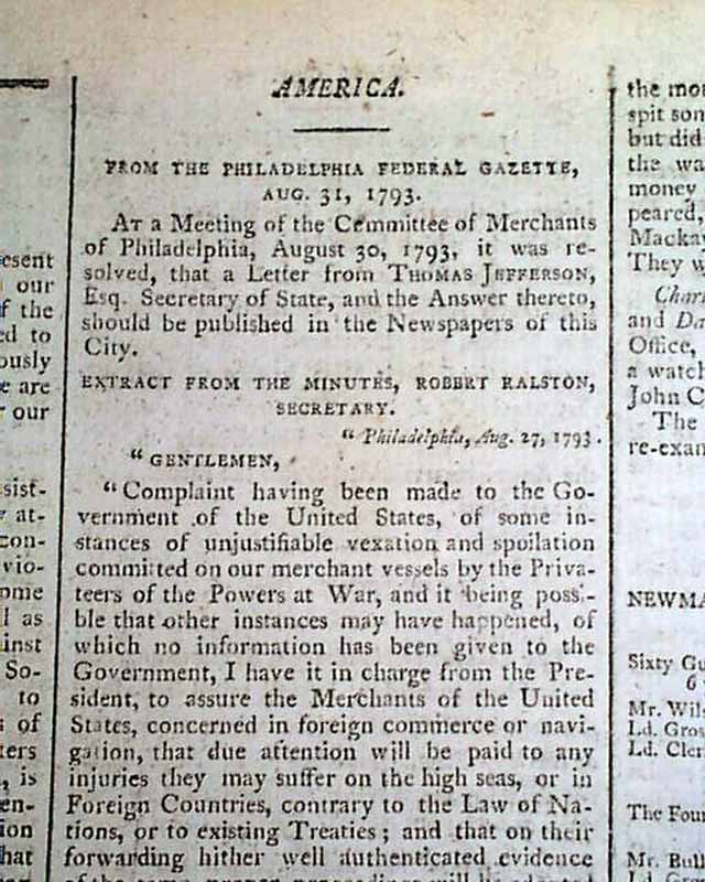 Thomas Jefferson Letter In 1793..... - RareNewspapers.com