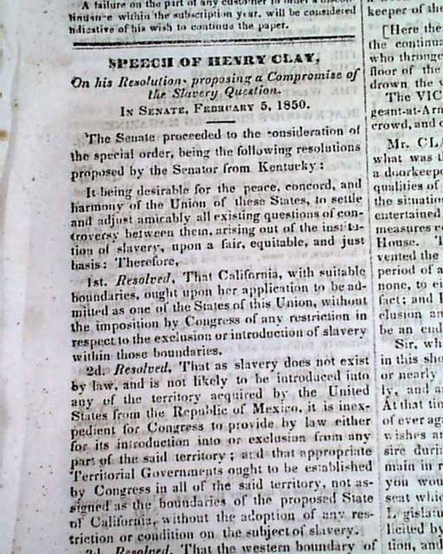 Henry Clay's notable Compromise of 1850 speech in the Senate ...
