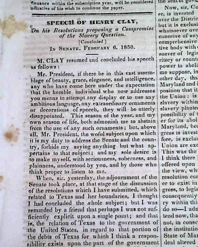 Henry Clay's notable Compromise of 1850 speech in the Senate ...