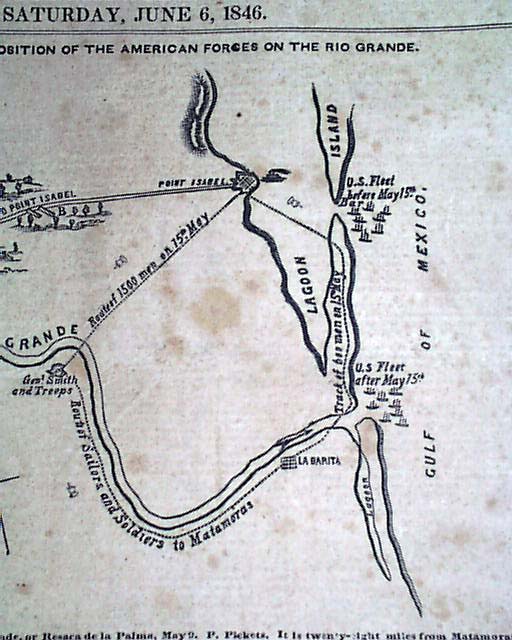 Nice front page Mexican War map, 1846, with Port Isabel, Brownsville ...
