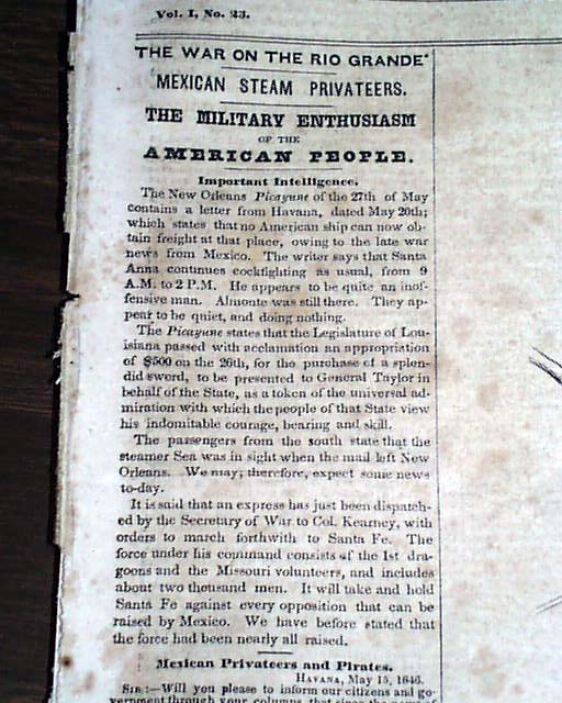 Nice front page Mexican War map, 1846, with Port Isabel, Brownsville ...