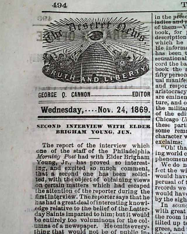 1869 Old West Newspaper From SALT LAKE CITY UT... - RareNewspapers.com