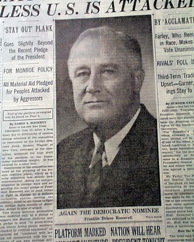 FDR nominated for 3rd term.... 1st & only time ever... - RareNewspapers.com
