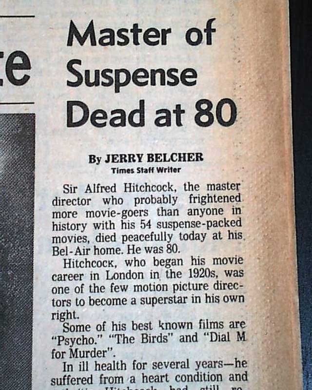 Death of Alfred Hitchcock in a L.A. paper... - RareNewspapers.com
