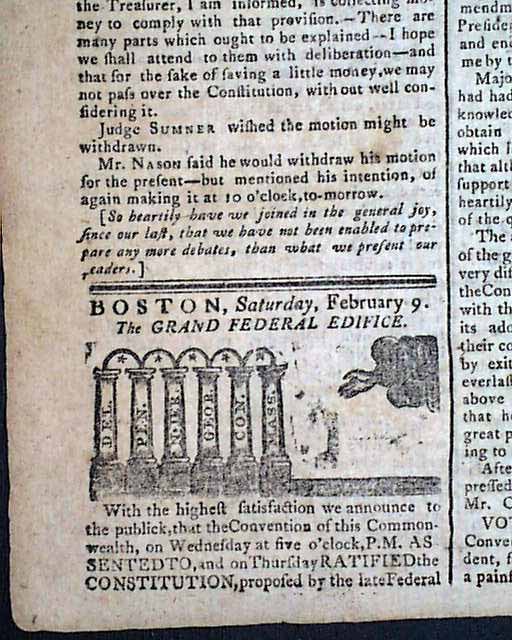 Pillar cartoon notes that Massachusetts has ratified the Constitution ...
