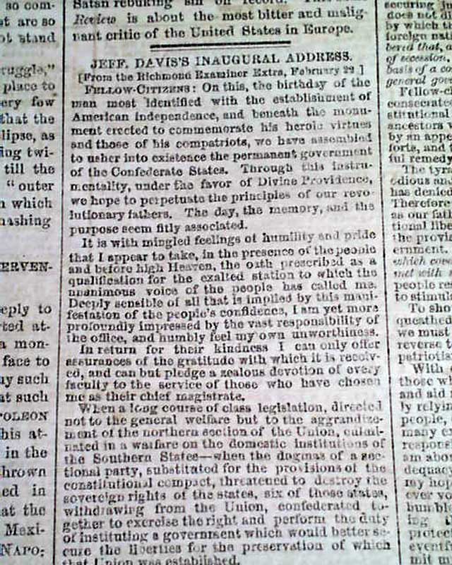 Jefferson Davis' inauguration and inaugural address... - RareNewspapers.com