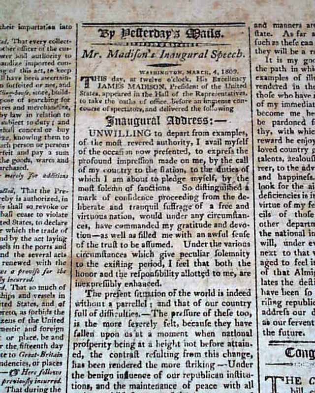 Inaugural address of President James Madison... - RareNewspapers.com