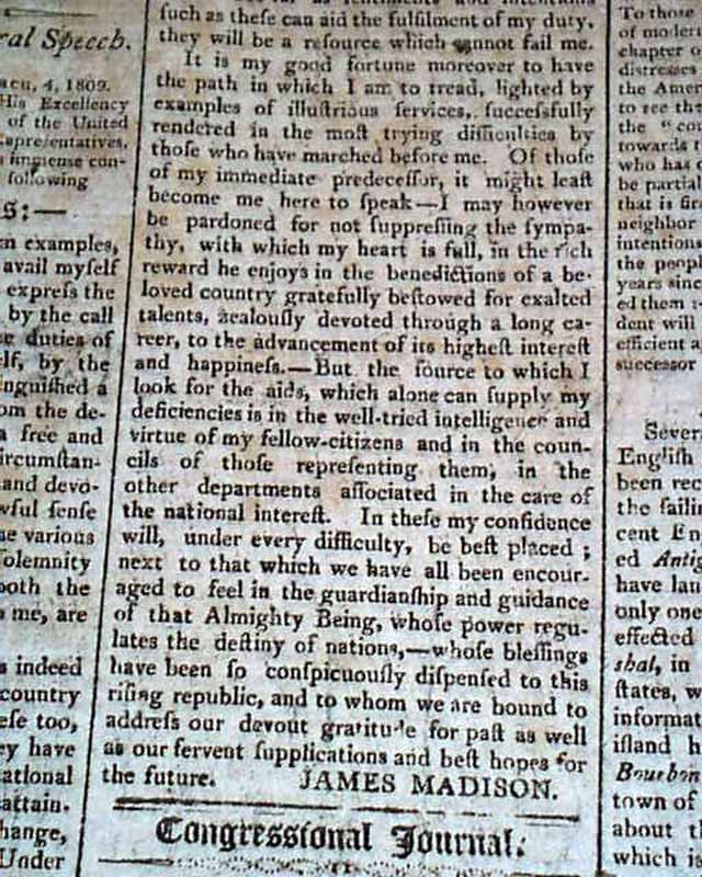 Inaugural address of President James Madison... - RareNewspapers.com