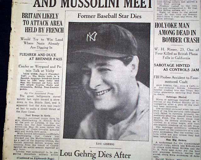 Death of Lou Gehrig in 1941.... - RareNewspapers.com