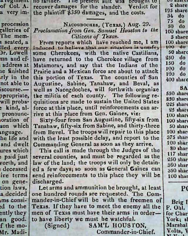 Proclamation by Sam Houston to the people of Texas... - RareNewspapers.com