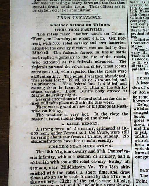 Triune TN 1863 Civil War... - RareNewspapers.com