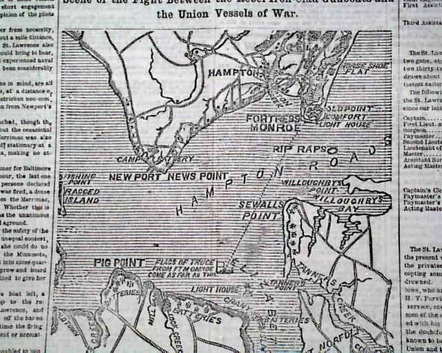 Monitor vs. Merrimac Naval Battle in 1862...... - RareNewspapers.com