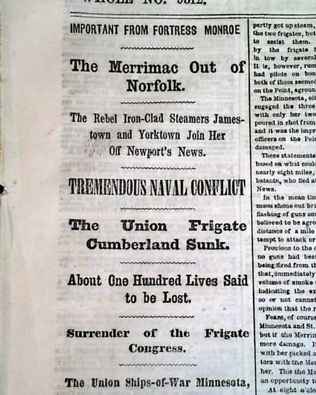 Monitor vs. Merrimac Naval Battle in 1862...... - RareNewspapers.com