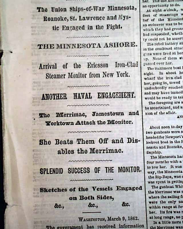 Monitor vs. Merrimac Naval Battle in 1862...... - RareNewspapers.com