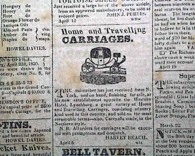 1830 Lynchburg Virginia Newspaper with Slave Ads - RareNewspapers.com